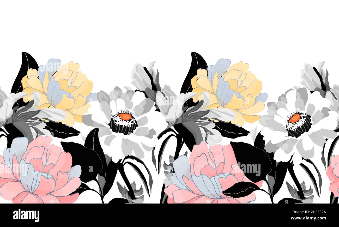 Vector floral seamless pattern, border. Horizontal panoramic design ...