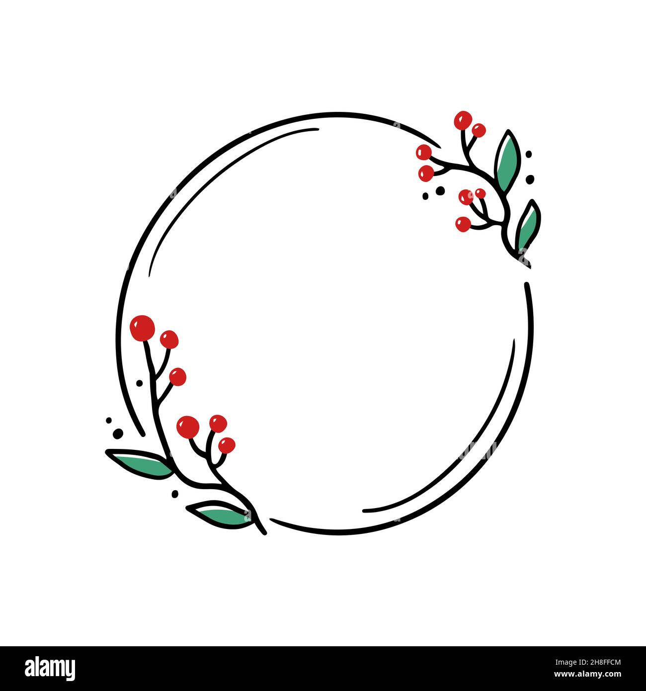 Chrirtmas floral frame with circle, round shape. Doodle hand drawn ...