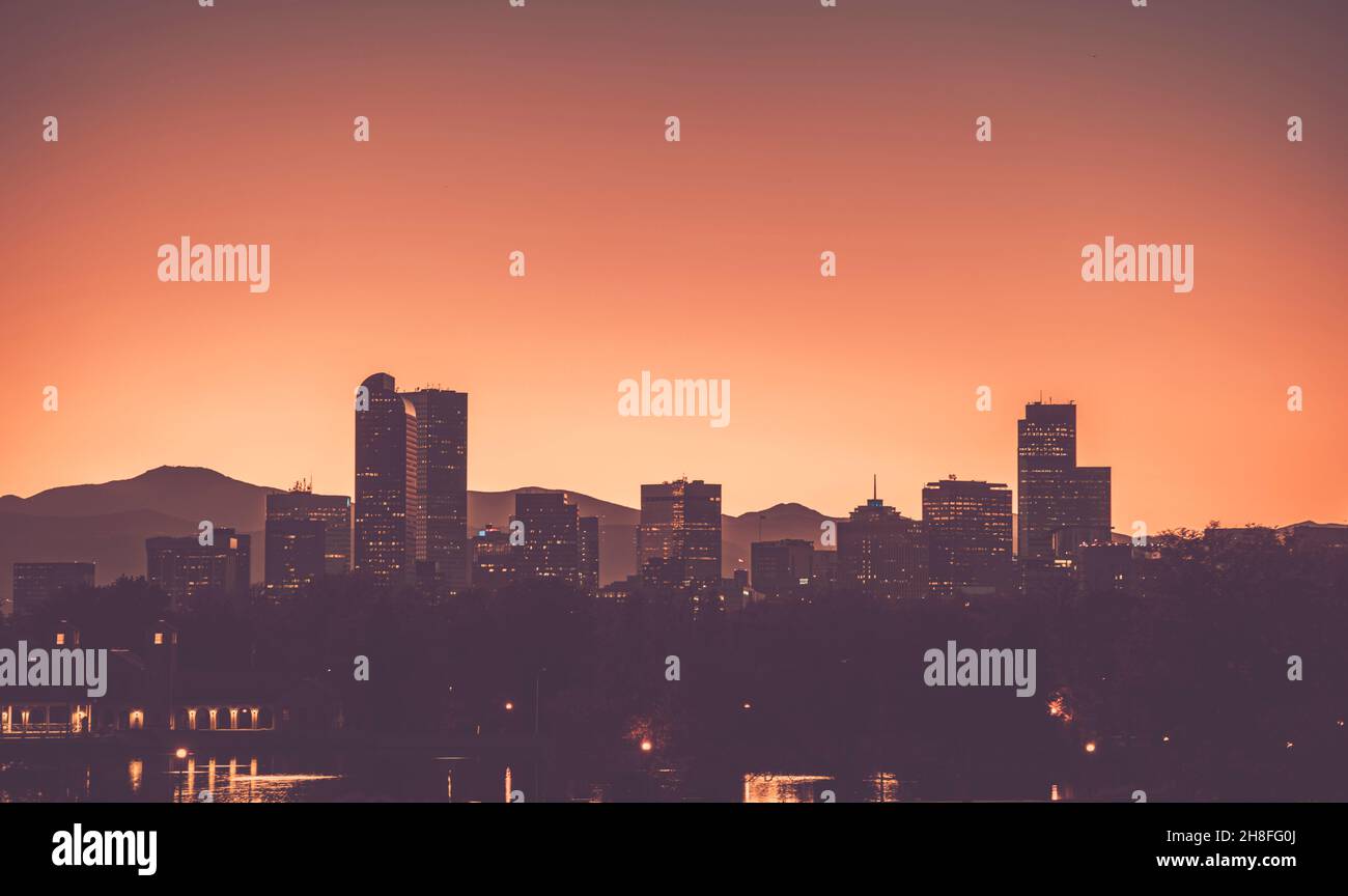 Denver Colorado Skyline Sunset Scenery. Warm Pinky Color Grading Theme ...