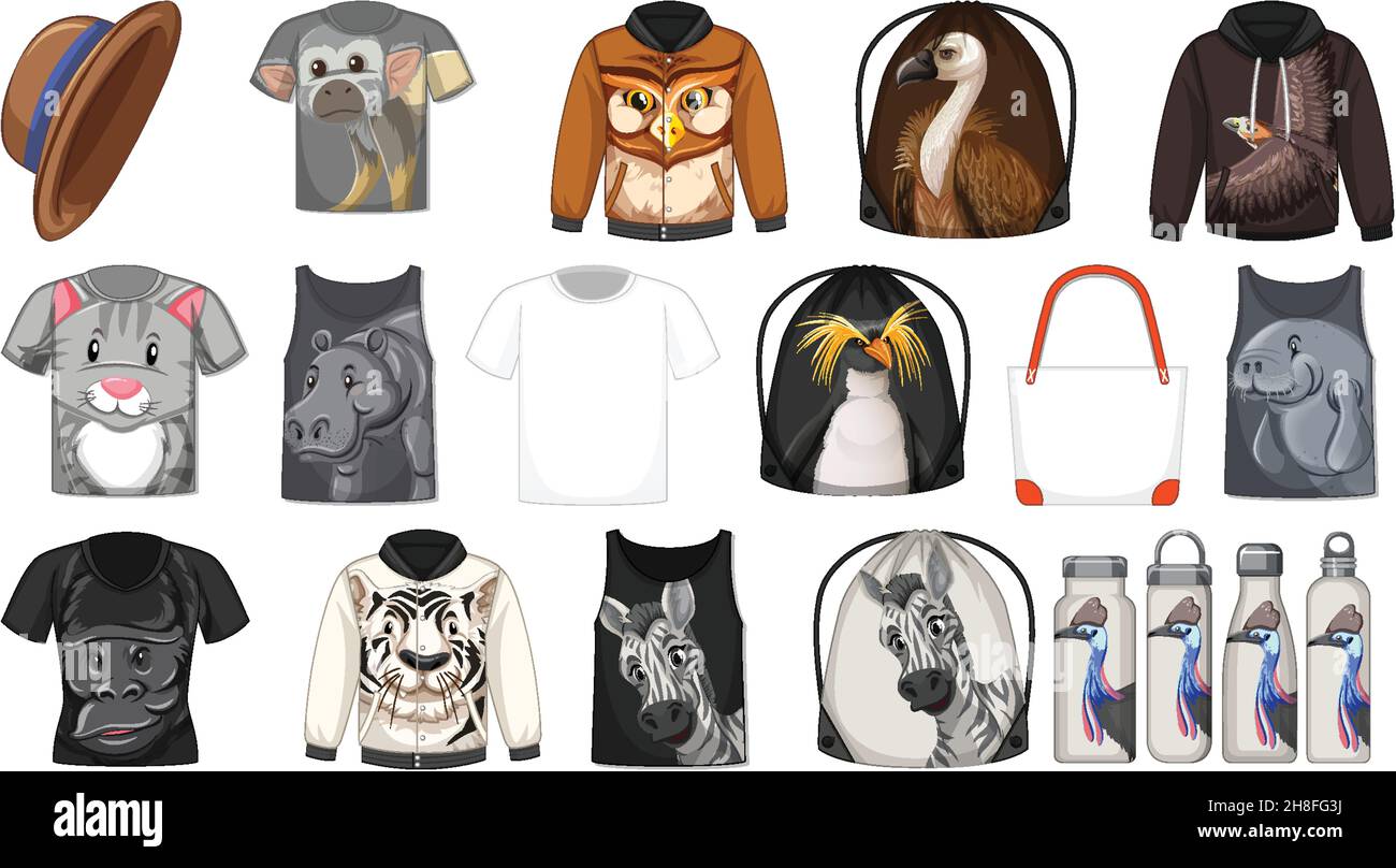 Set of different shirts and accessories with animal patterns ...