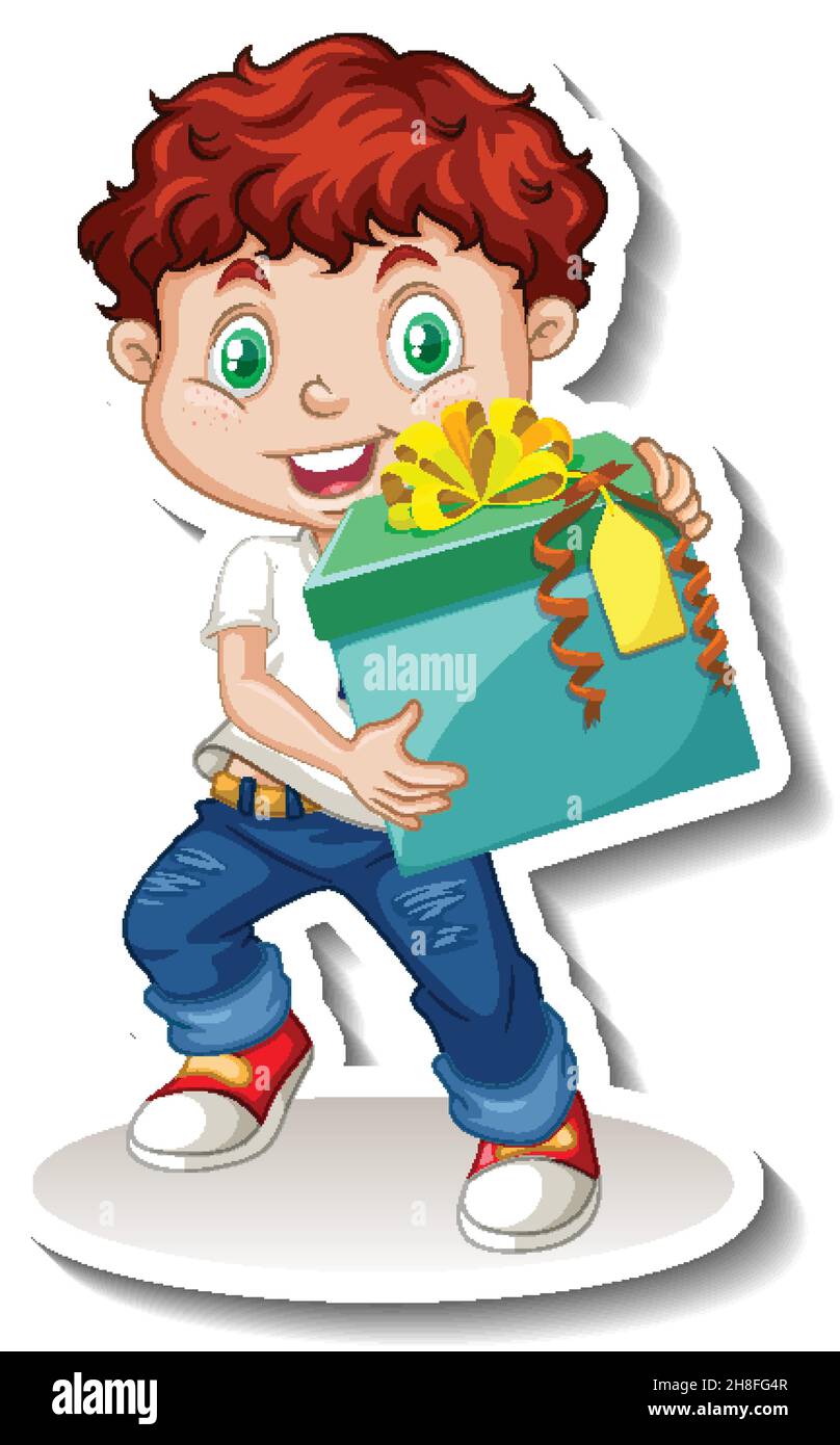 A boy holding a big gift box cartoon character illustration Stock ...
