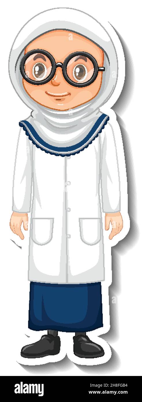 Scientist muslim girl cartoon character sticker illustration Stock ...