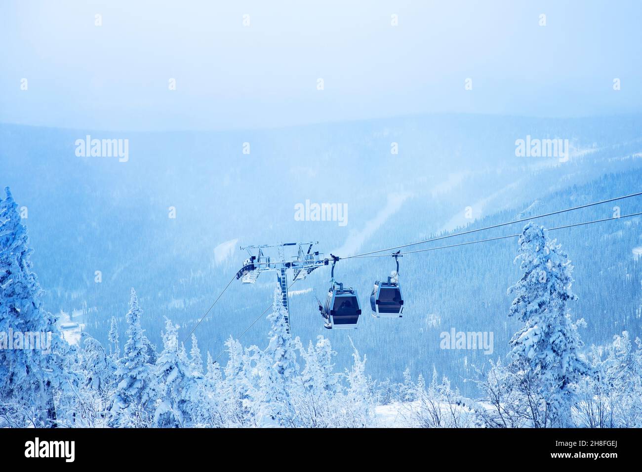 Landscape on mountain Sheregesh ski lift resort in winter, aerial top ...