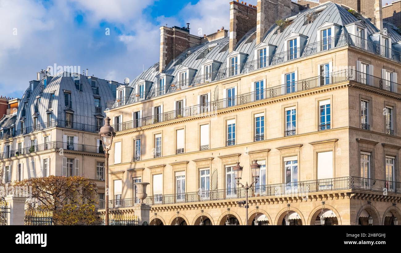 Paris, panorama of the rue de Rivoli, typical building, parisian facade ...