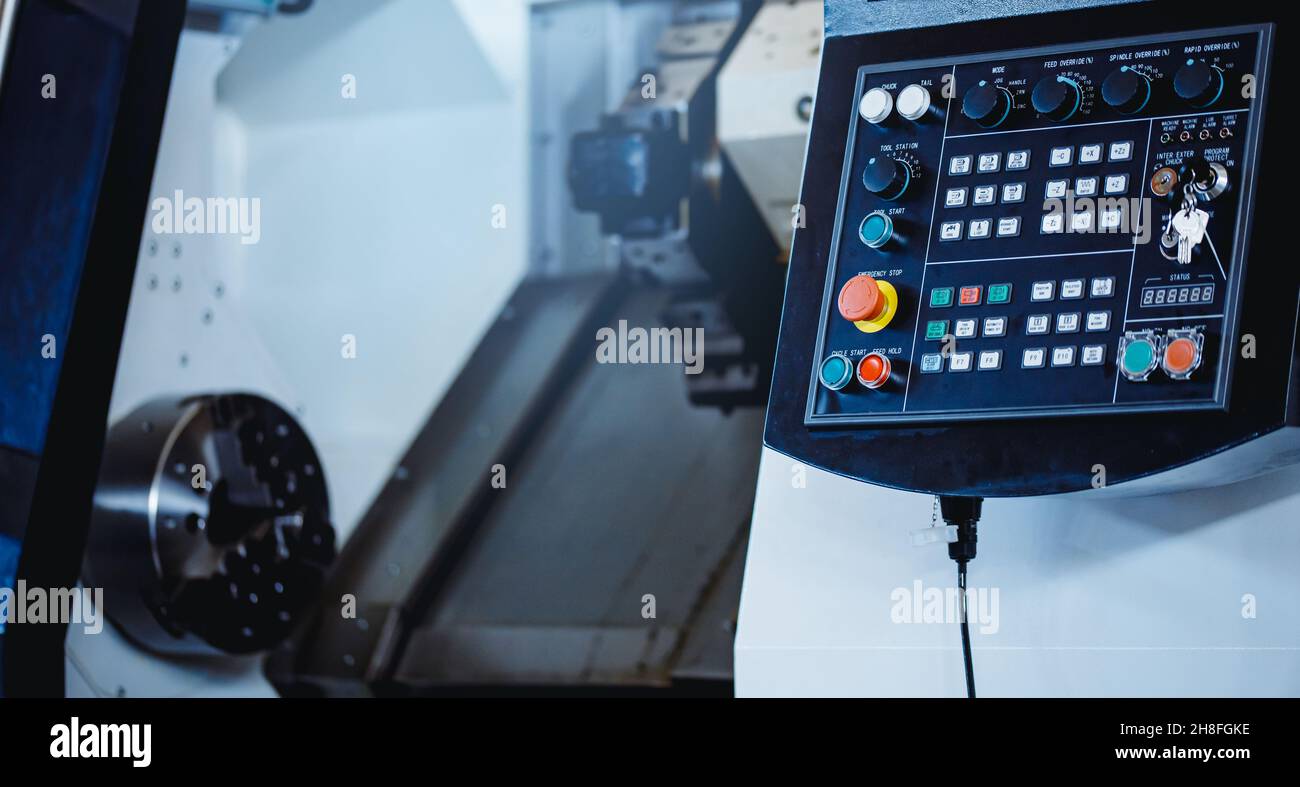 Closeup modern CNC Control panel Industrial drill robot for detail ...