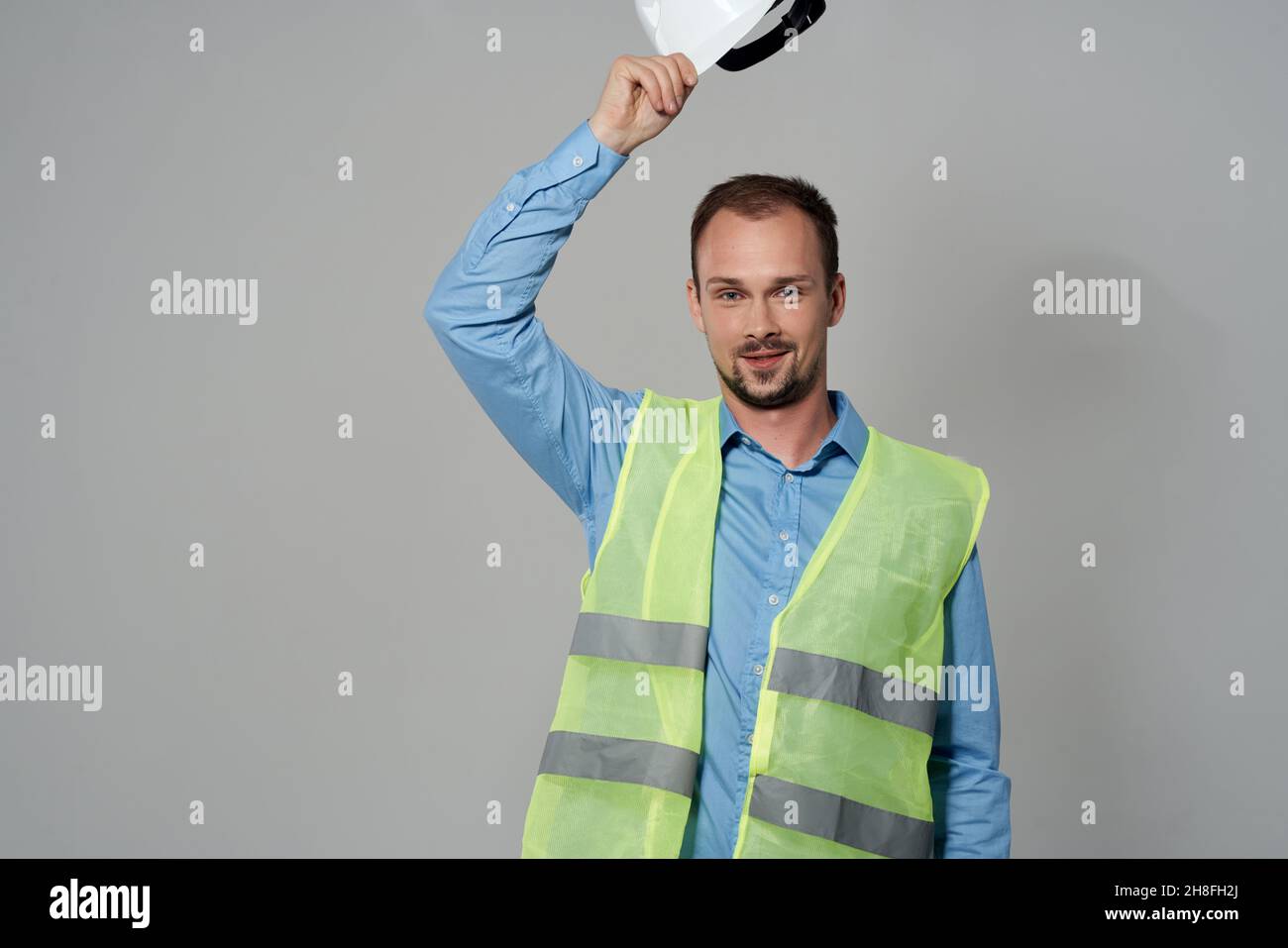 worker reflective vest emotions professional isolated background Stock ...
