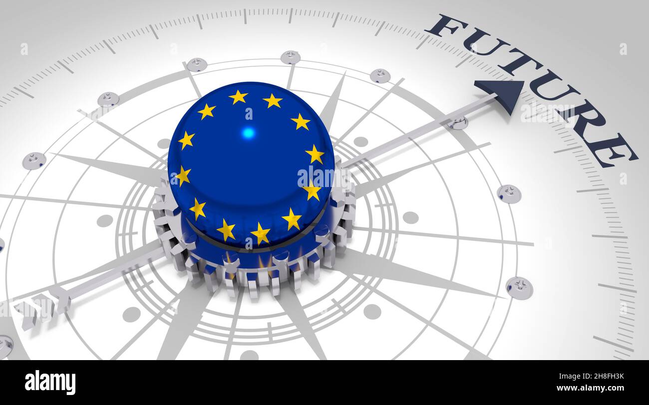 Business concept. Abstract compass points to the future word. Flag of ...