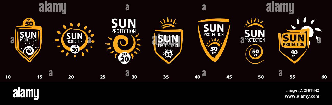 A set of vector logos Sun protection on a black background Stock Vector ...