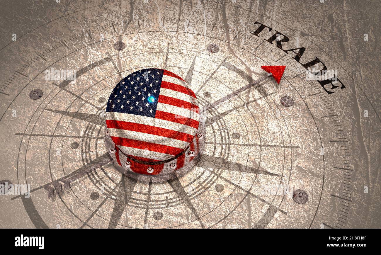 Business concept. Abstract compass points to the trade word. Flag of ...