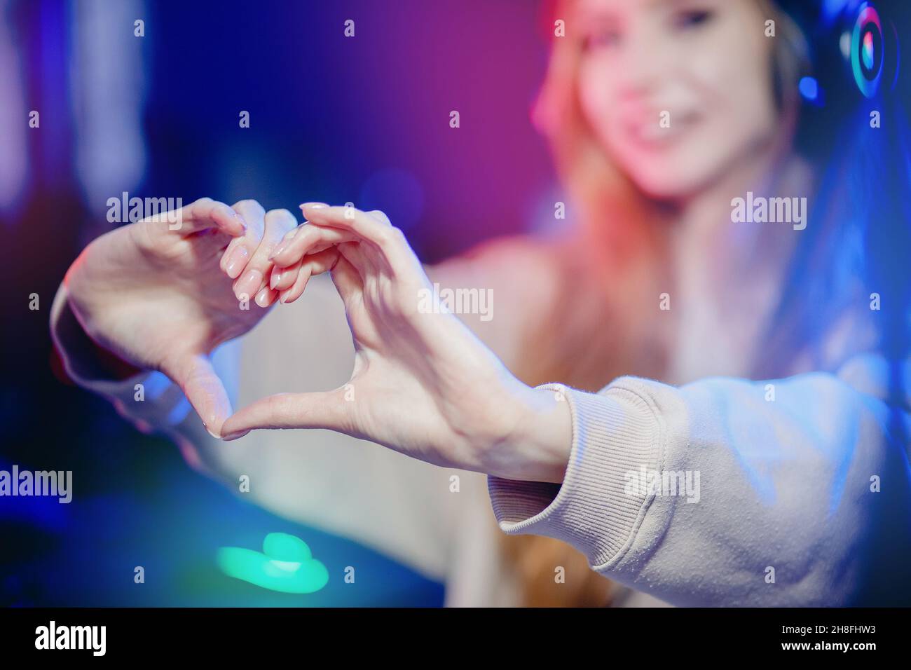 Happy streamer caucasian woman cyber gamer online video games showing ...