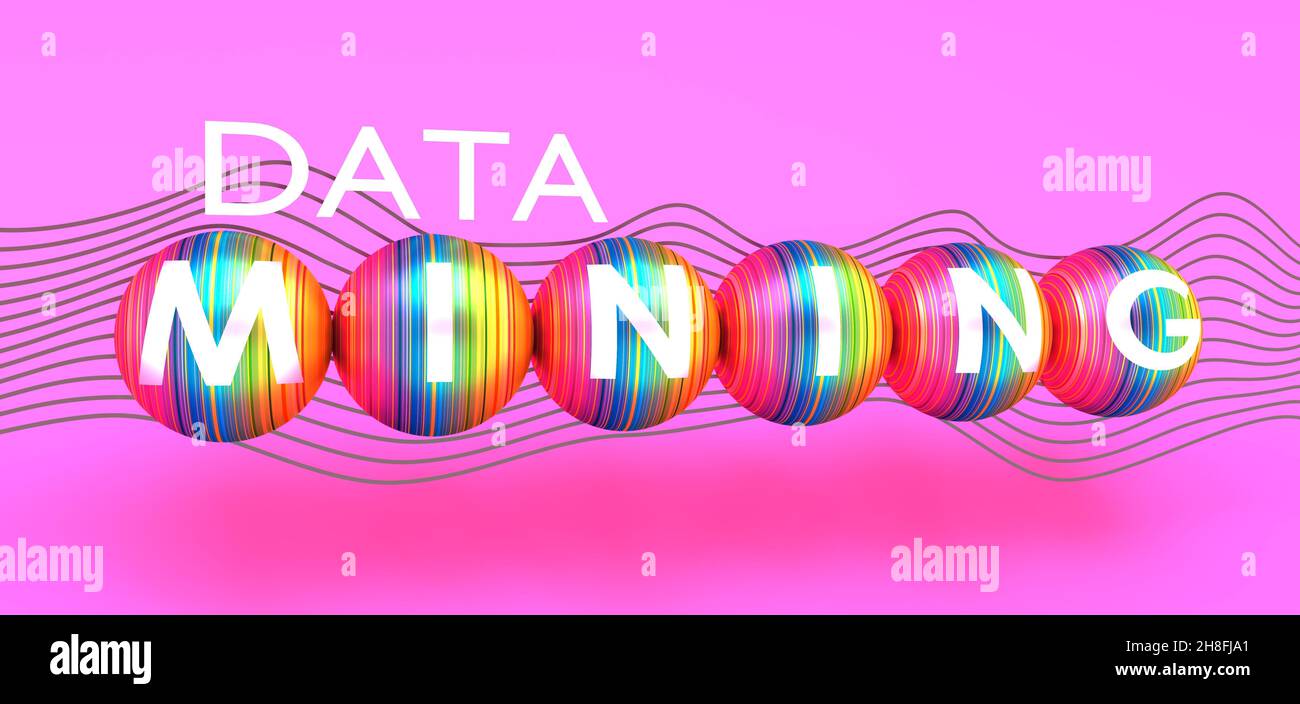 Typography poster with data mining word on striped spheres. 3D ...