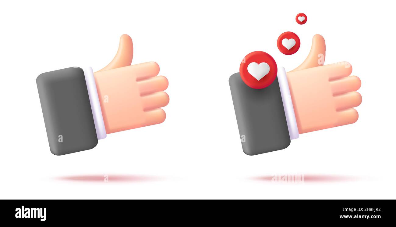 3d illustration of a businessman heand with thumb up and hearts in red ...