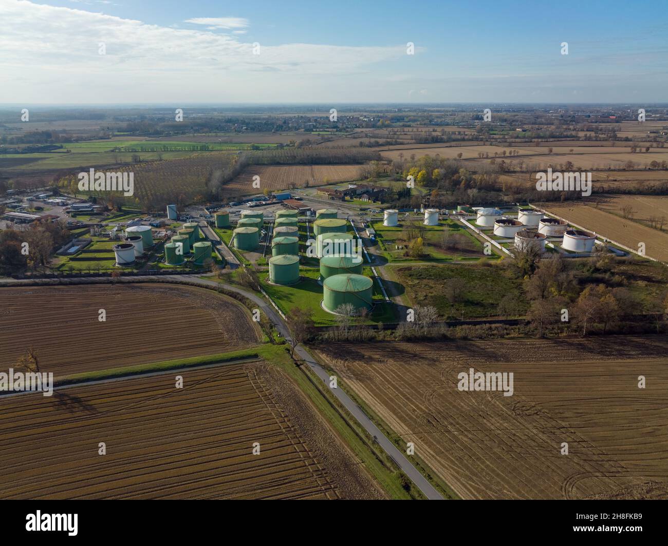 Aerial view of steel round Oil Storage Tanks, storage and handling ...