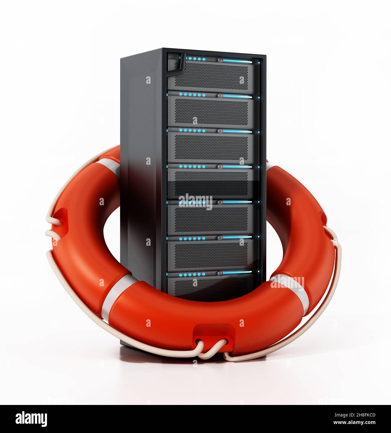 Network server in red life buoy. Network safety concept. 3D ...