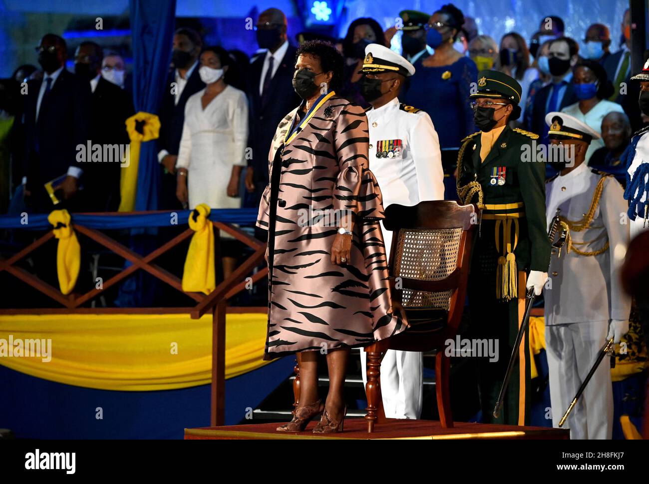 The President of Barbados, Dame Sandra Mason, stands after being sworn ...