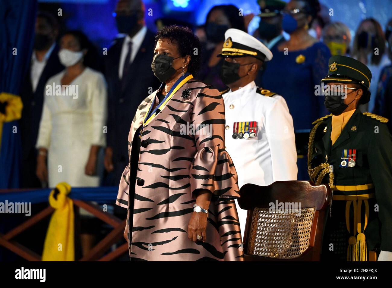 The President of Barbados, Dame Sandra Mason, stands after being sworn ...