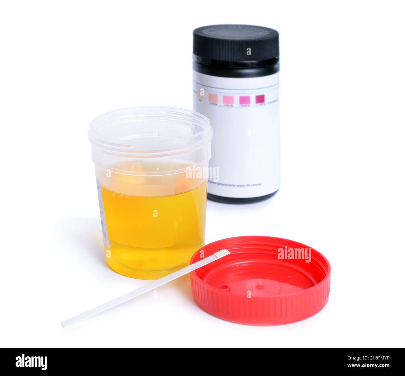 Container with urine and test-strips for the analysis. Isolated Stock ...