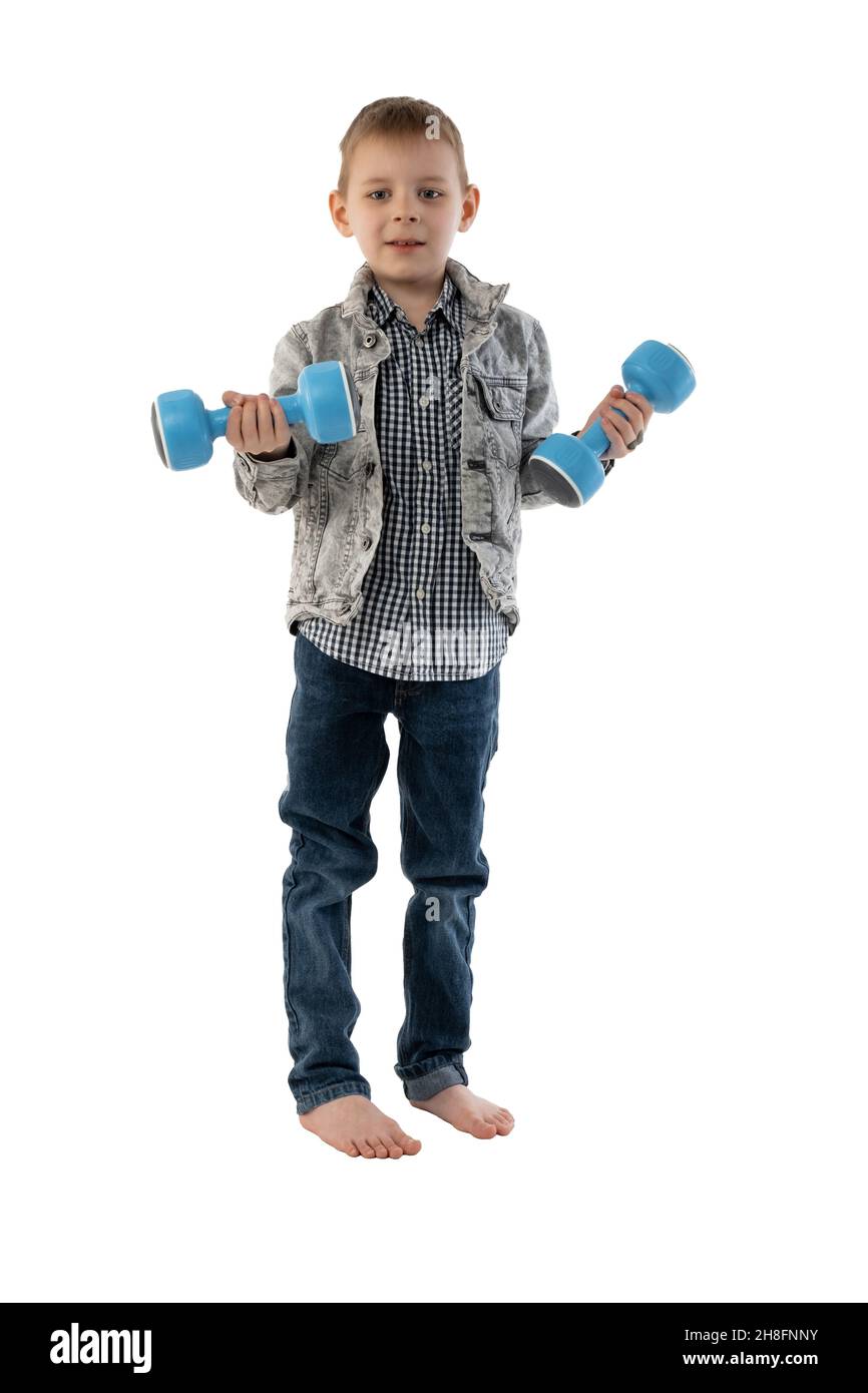 Young boy 6-9 years old with dumbbells isolated on white background ...