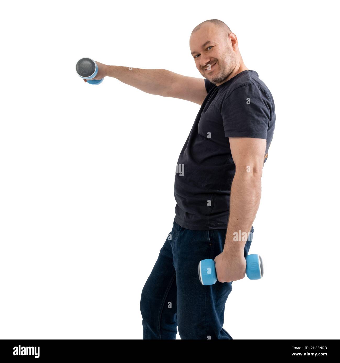 Overweight middle aged man with dumbbells. Isolated on no white ...