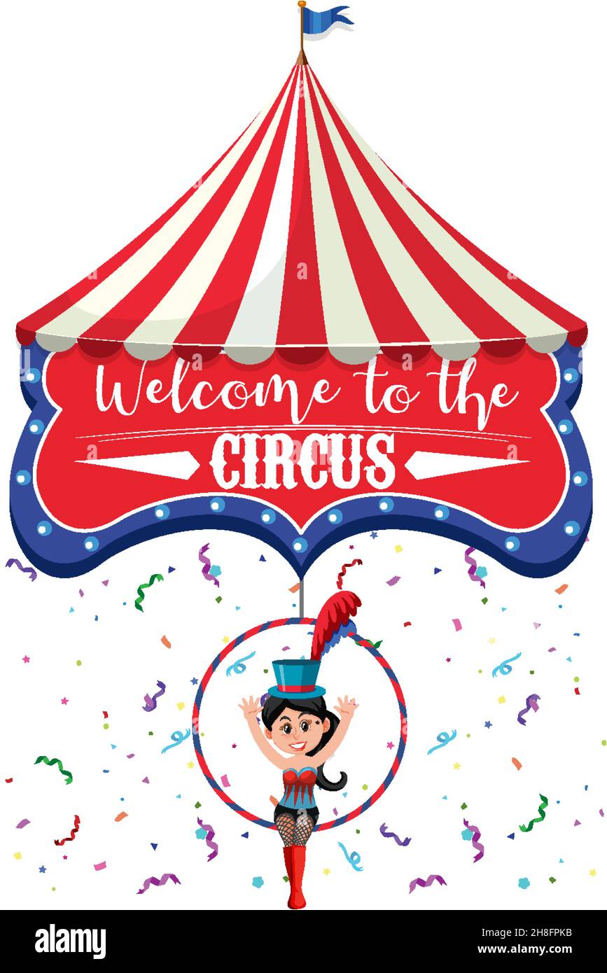 Welcome to the circus with aerial female gymnast on ring illustration ...