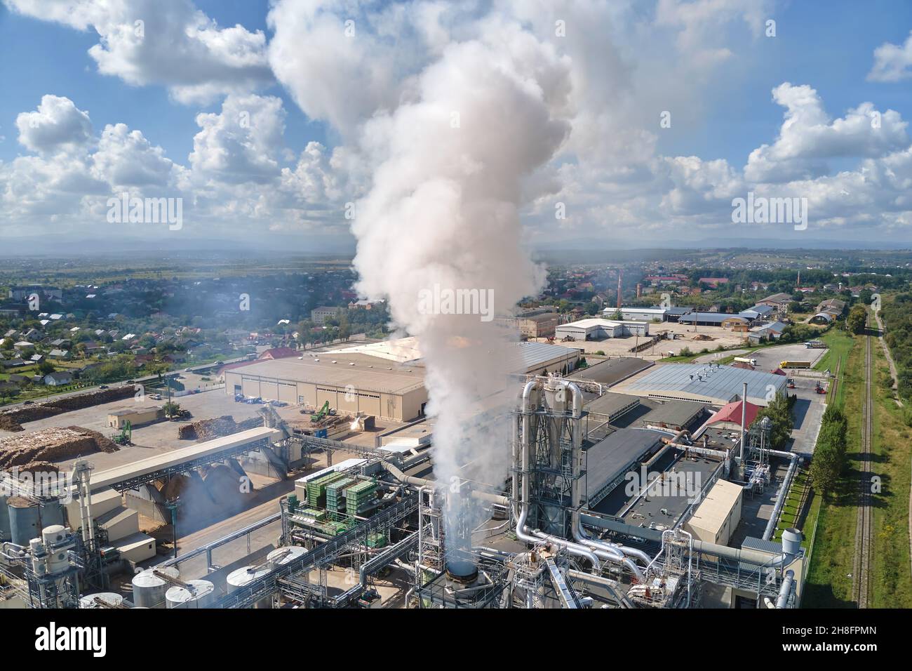 Aerial view of factory with high plant manufacture structure. Global ...
