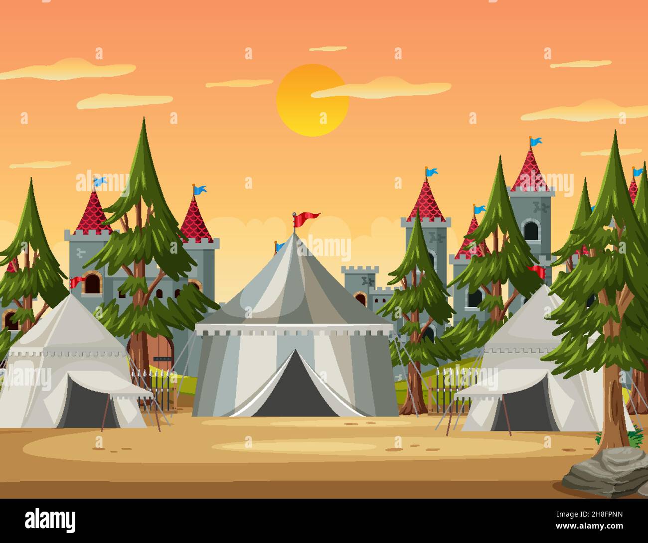 Military medieval camp with tents and castle illustration Stock Vector ...