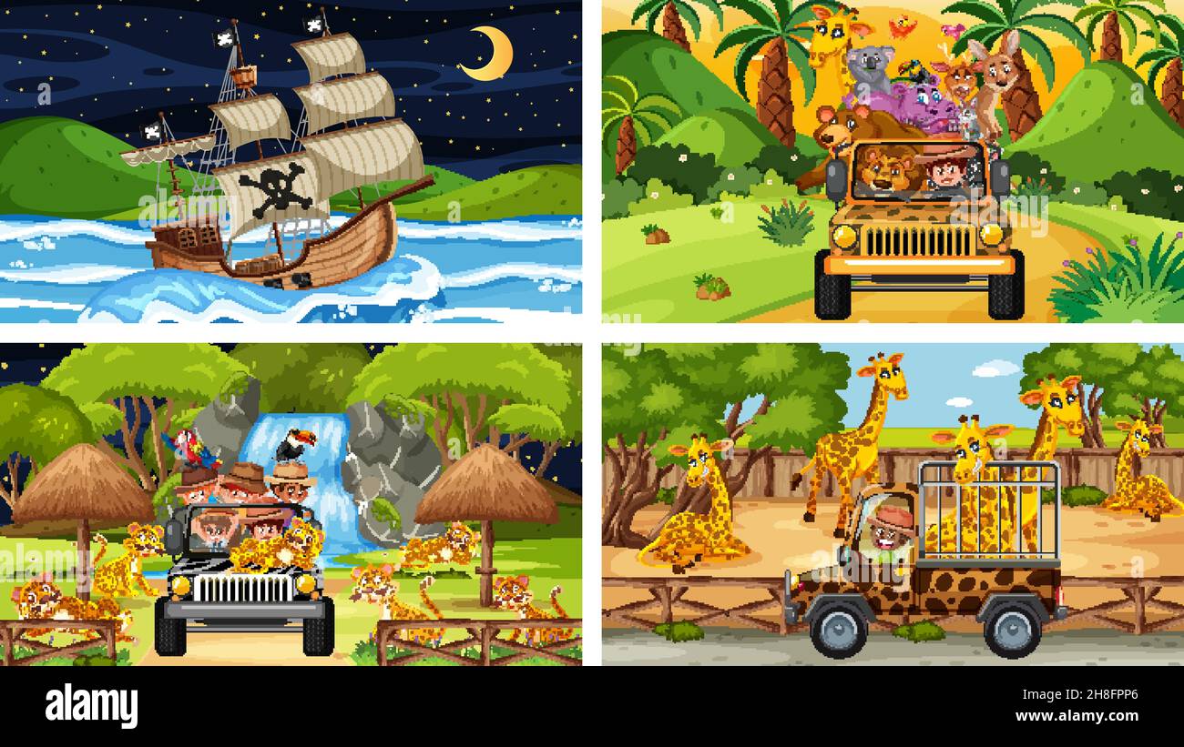 Set of different scenes with animals in the zoo and pirate ship at the ...
