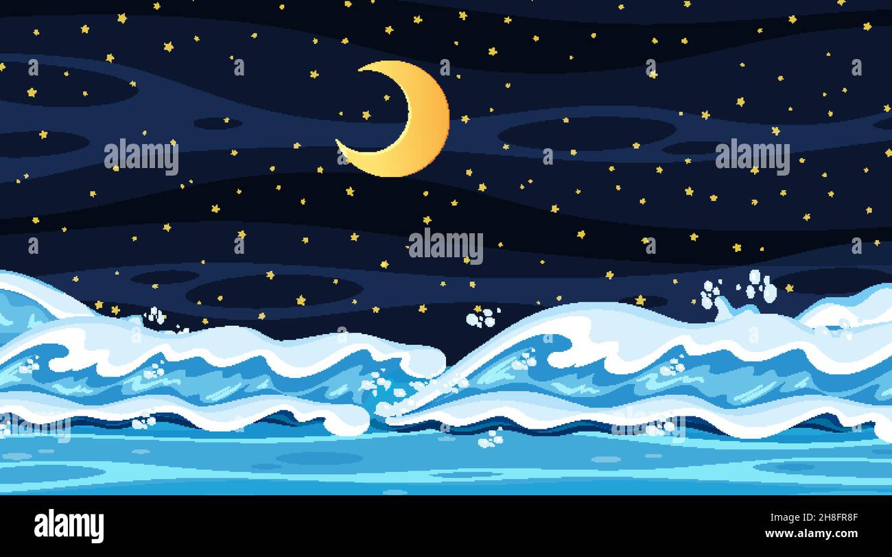 Beach landscape at night scene with ocean wave illustration Stock ...