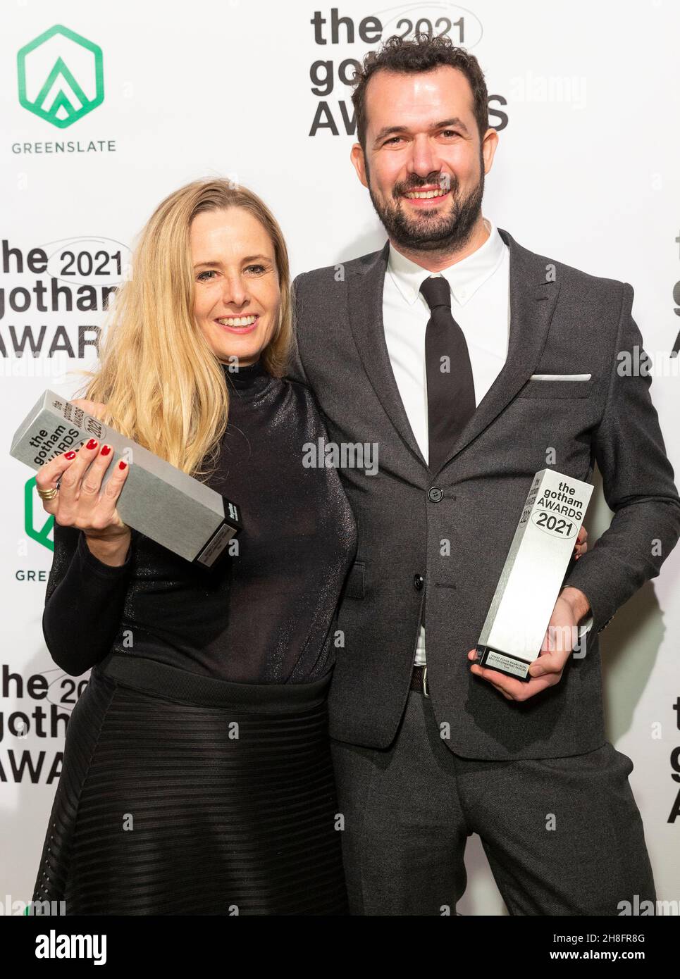 Monica Hellstrom and Jonas Poher Rasmussen pose in Green Room as ...
