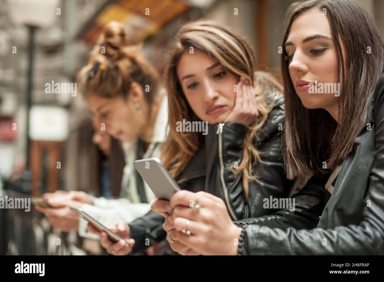 Group of girls using cellphones. Technology smartphones isolation and ...