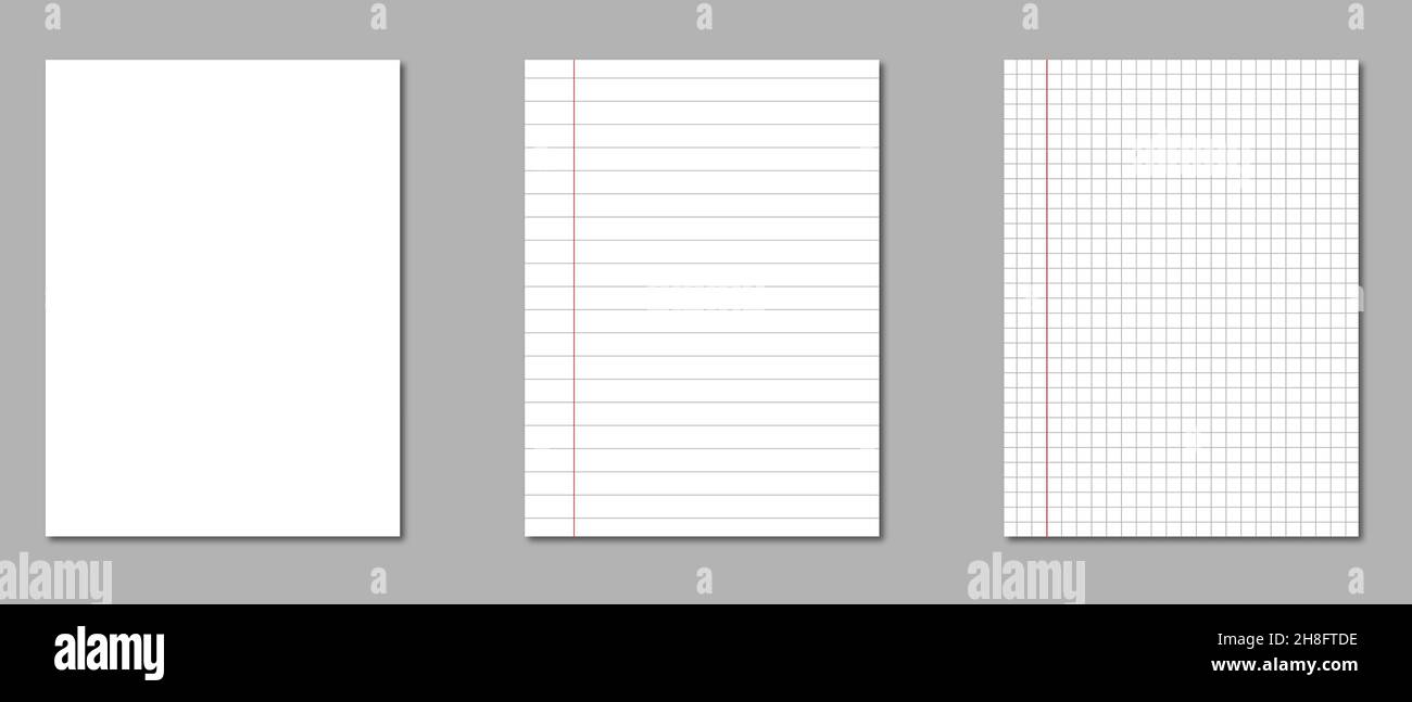 Realistic lined notepapers set. Blank gridded notebook papers for ...