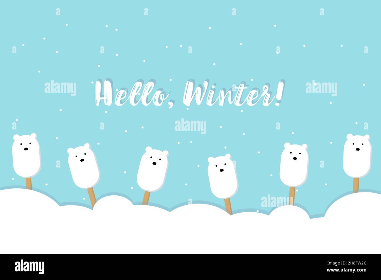 Banner Hello Winter blue background snowflakes ice cream polar bears on ...