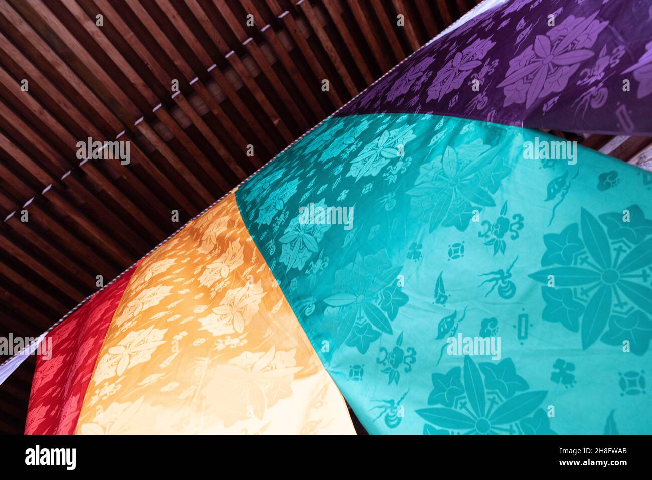 Kamon on colored cloth inside Eikando Zenrin-ji Temple in Kyoto ...