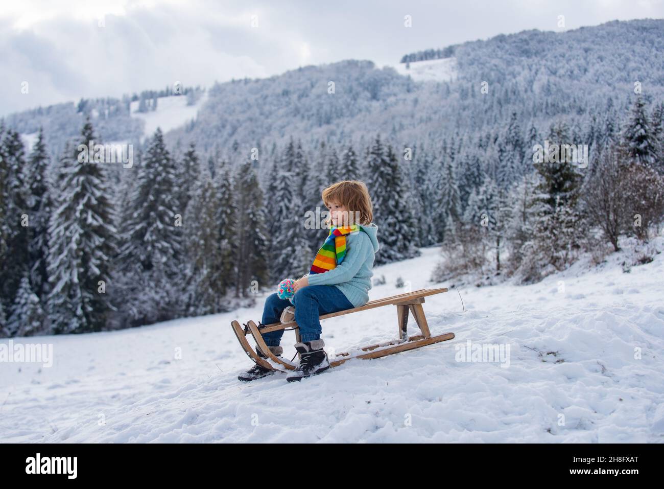 Funny boy having fun with a sleigh in winter forest woods. Cute ...