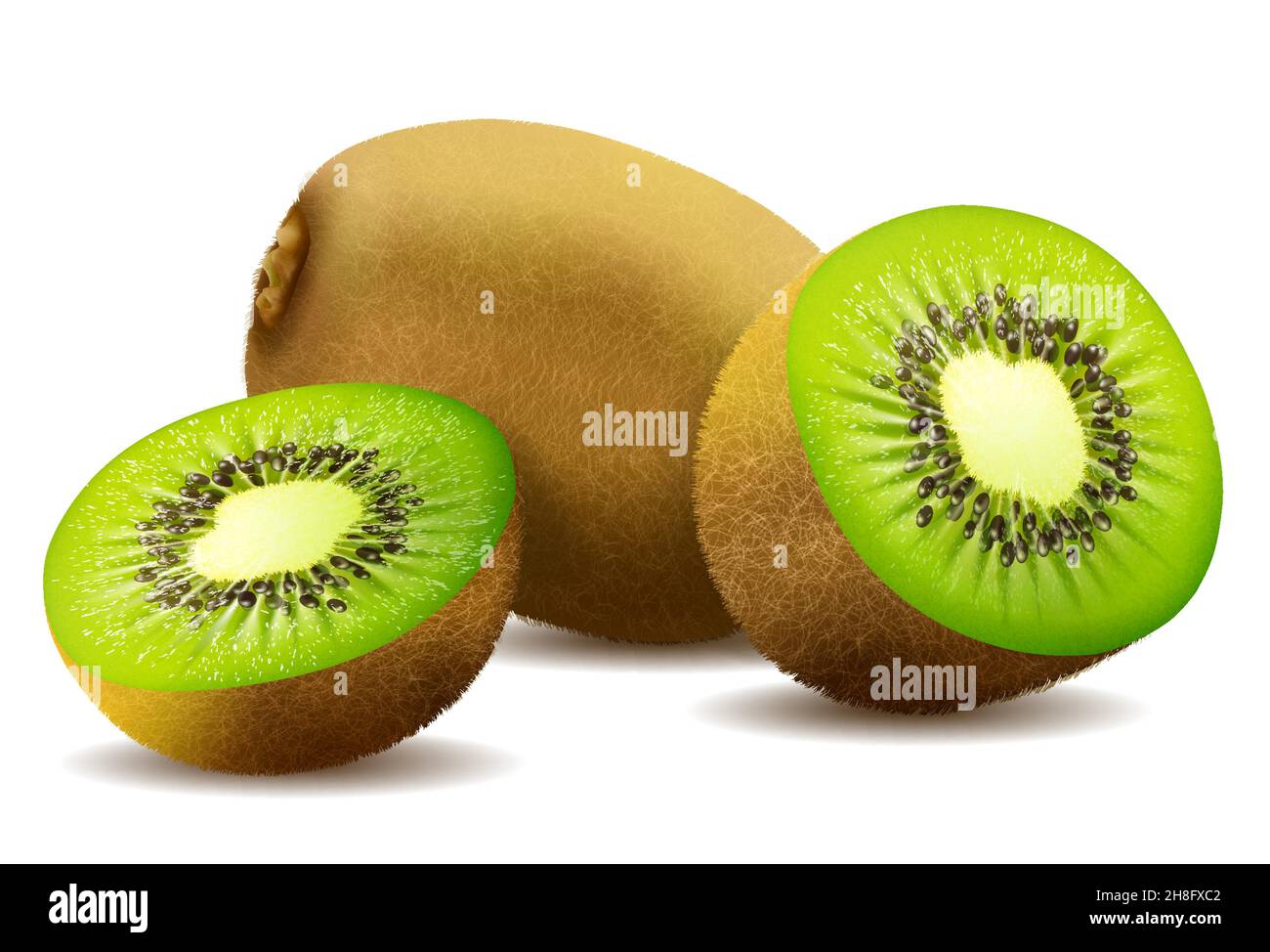 Whole juicy kiwi and half green kiwi, kiwi cut with shadow on white ...