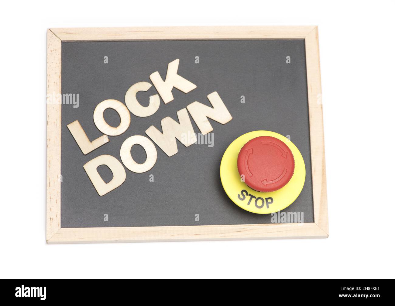 small black chalkboard with wooden letters lock down an emergency stop ...