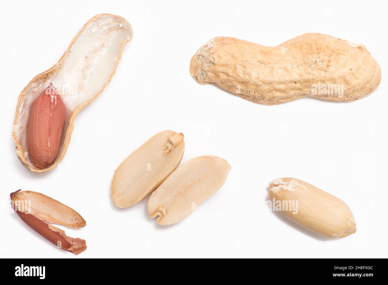 Close up of peanuts with opened shell red skin and halves on white ...