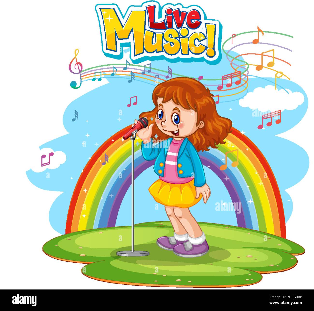 Live music logo with a girl singing on rainbow background illustration ...