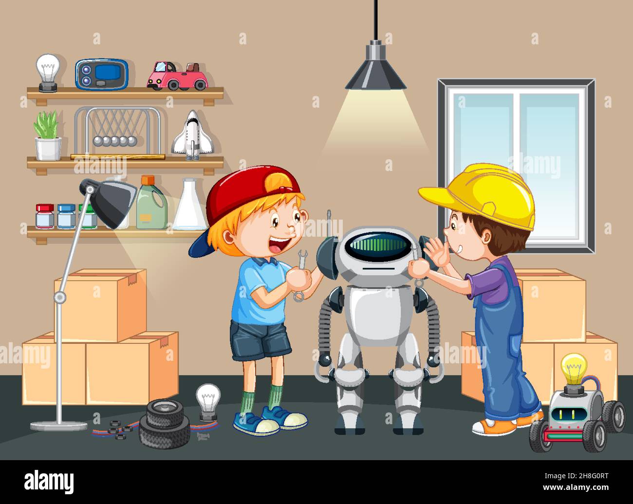 Children fixing a robot together in the room scene illustration Stock ...