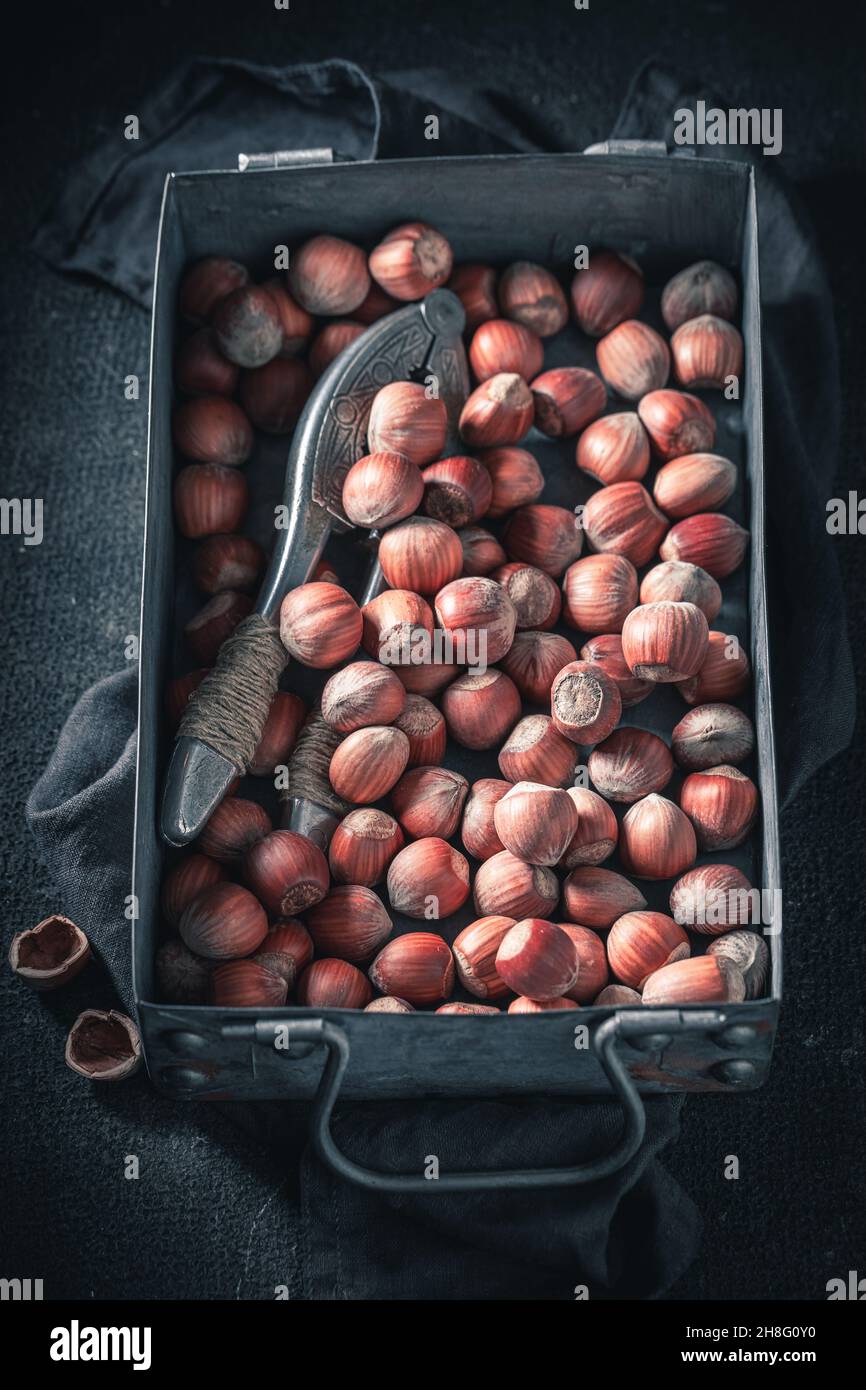 Tasty hazelnuts in rustic metal box. Source of minerals. Nuts as a ...