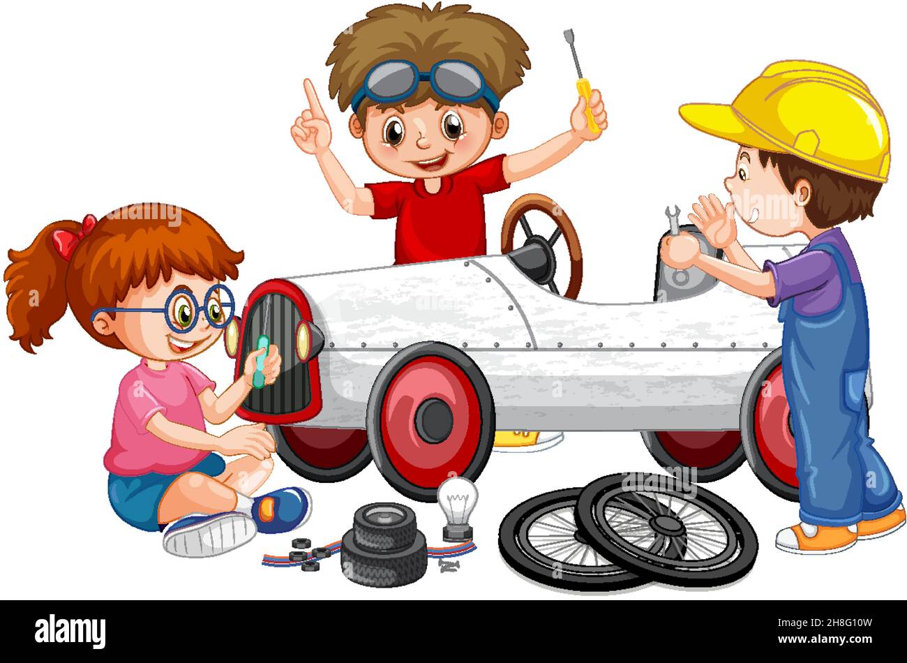 Children repairing a car together illustration Stock Vector Image & Art ...