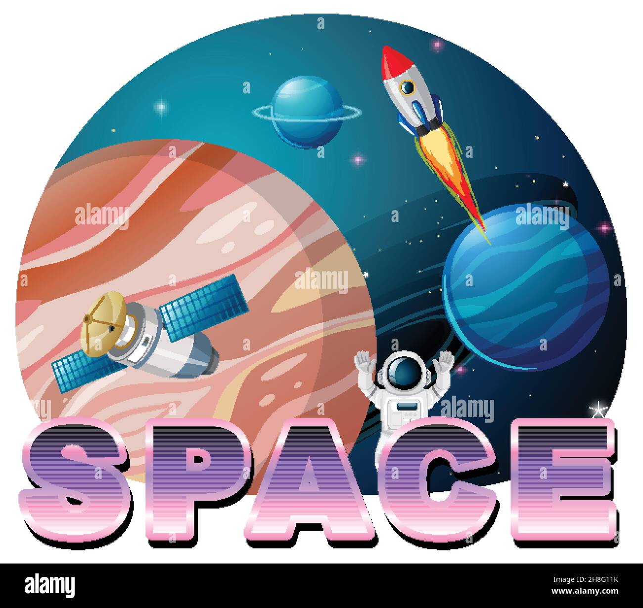 Space word logo design with astronaut and satellite illustration Stock ...