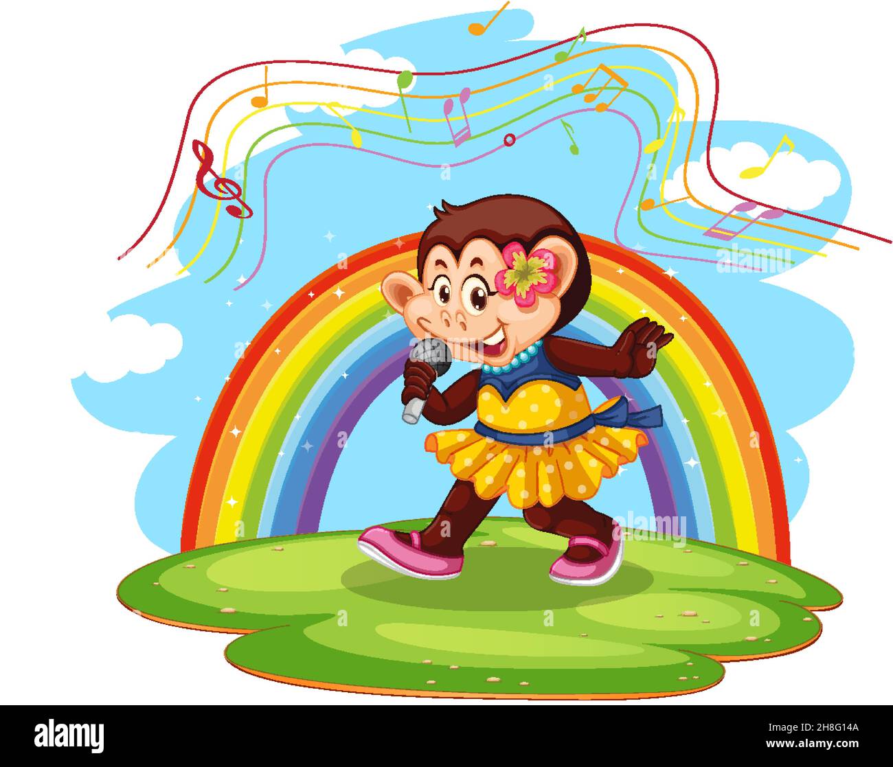 Monkey singing cartoon character with rainbow background illustration ...