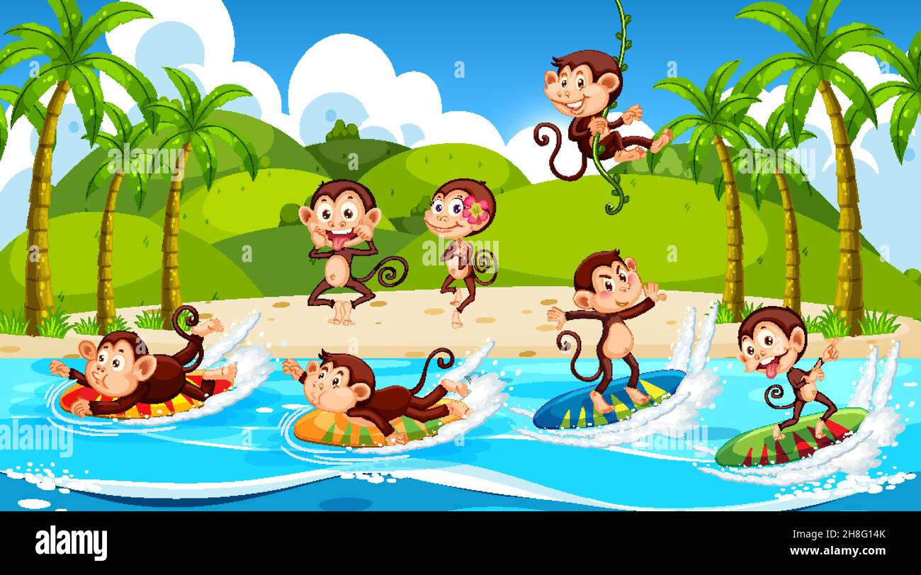 Beach scene with monkeys doing different activities illustration Stock ...