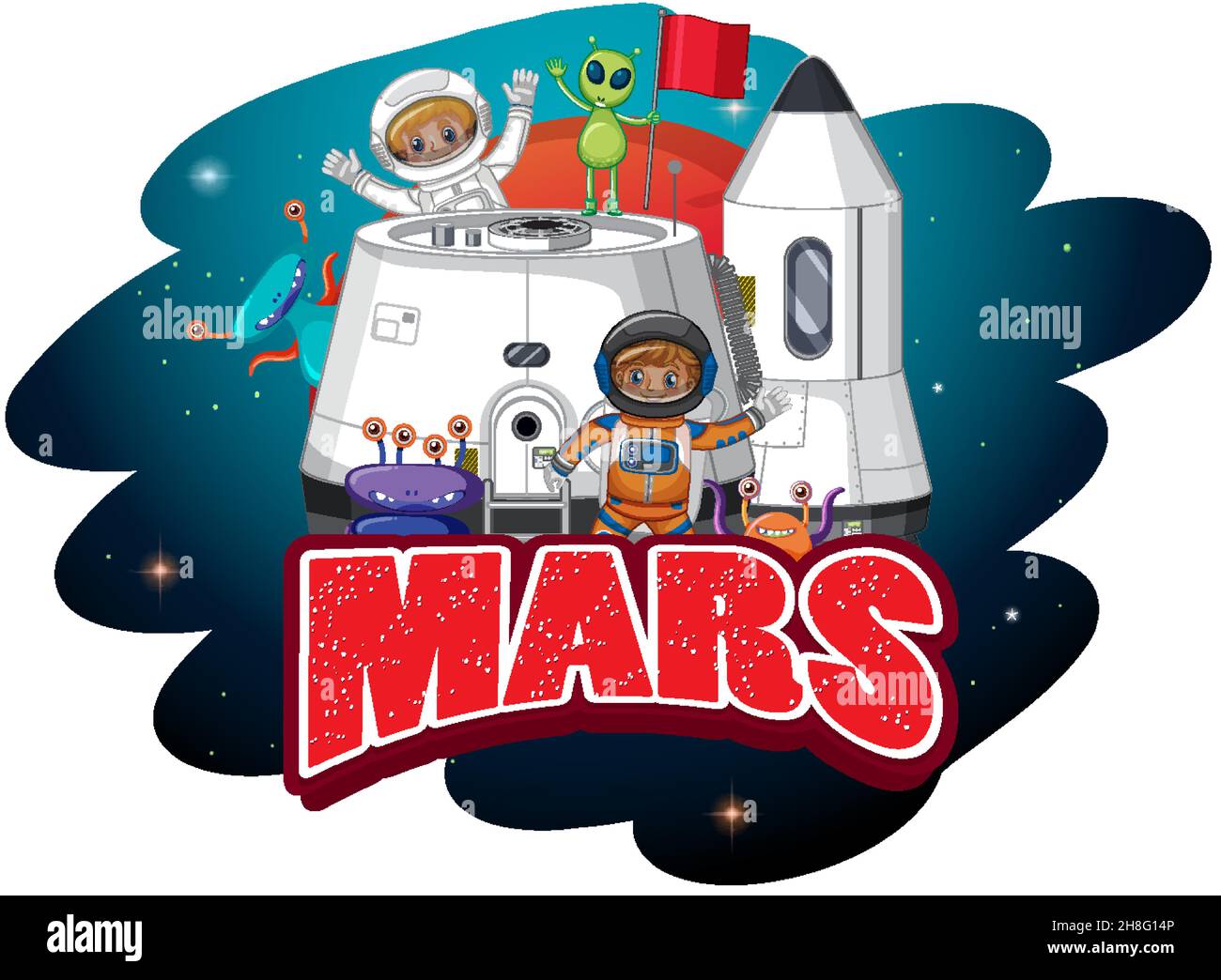 Mars word logo design with astronaut kids and aliens illustration Stock ...