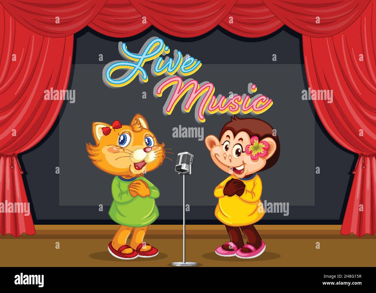 Cat and monkey performing singing on stage illustration Stock Vector ...
