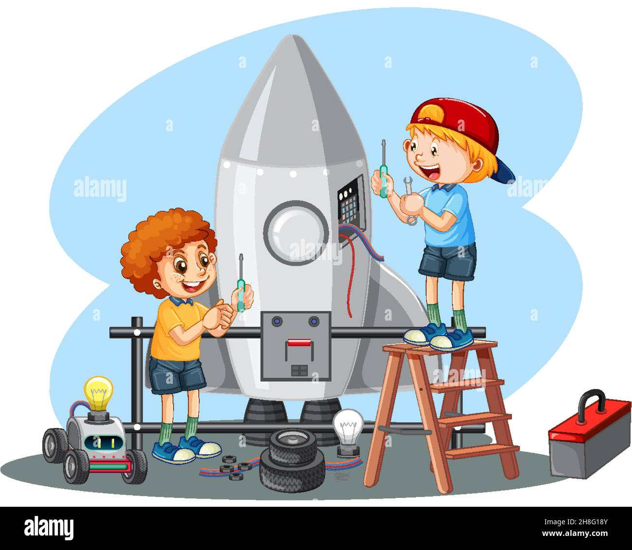Children fixing a rocket together on white background illustration ...