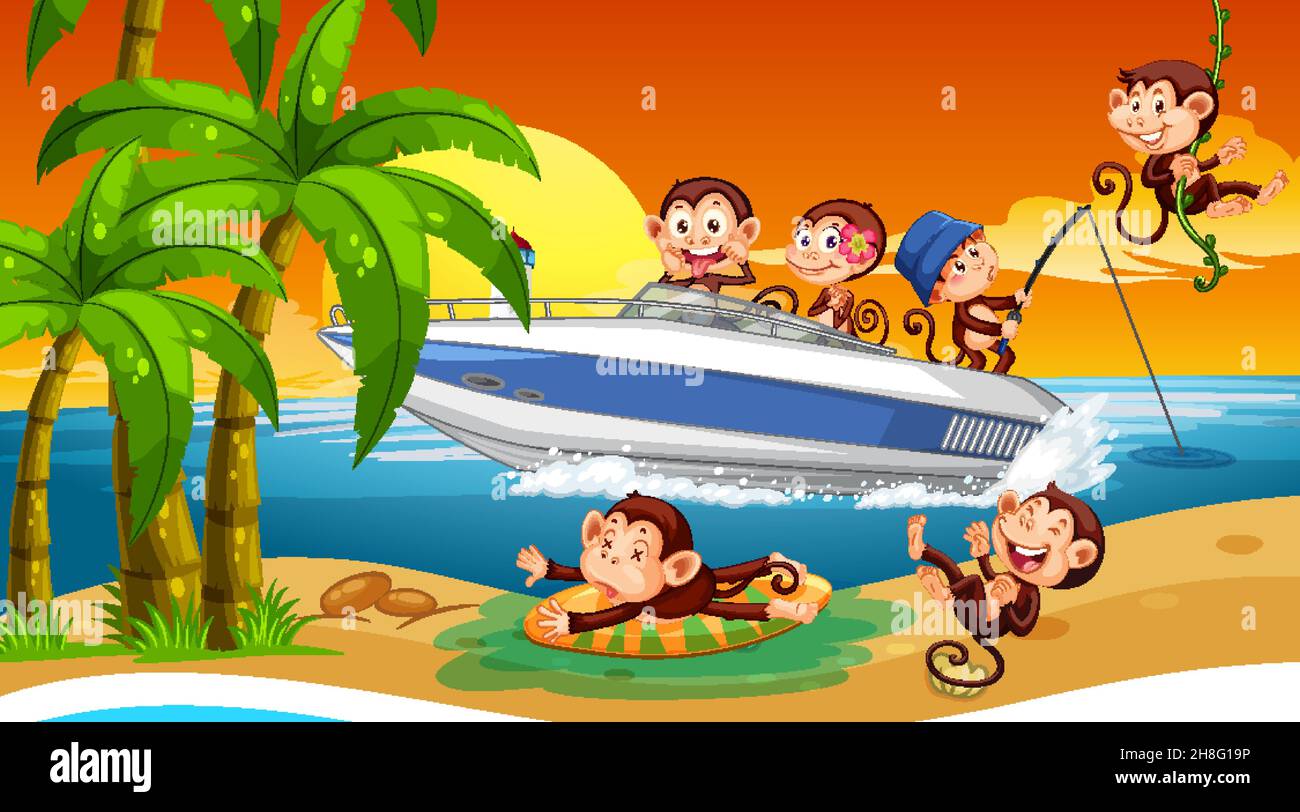 Beach scene with monkeys doing different activities illustration Stock ...