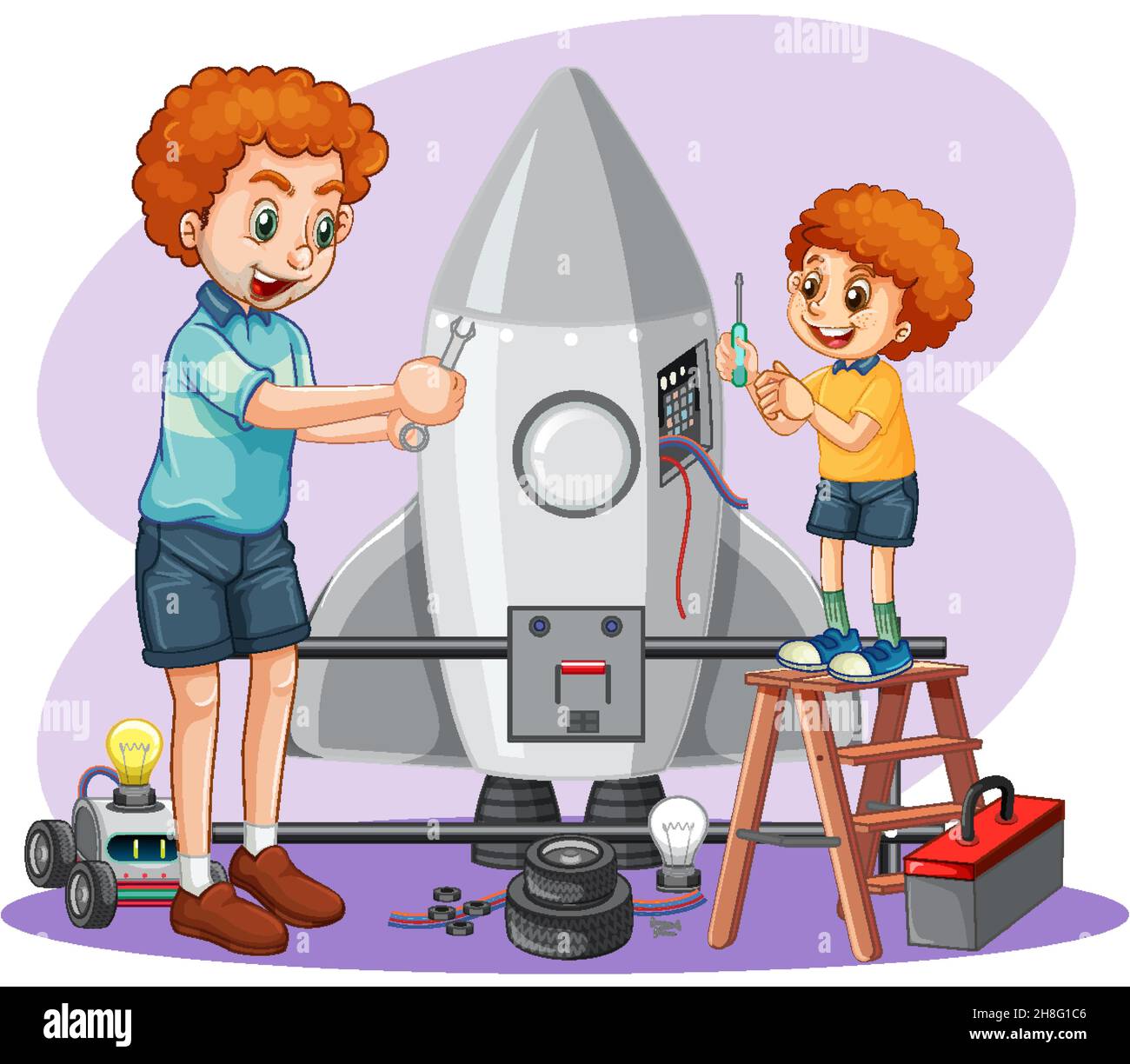 Children fixing a rocket together on white background illustration ...