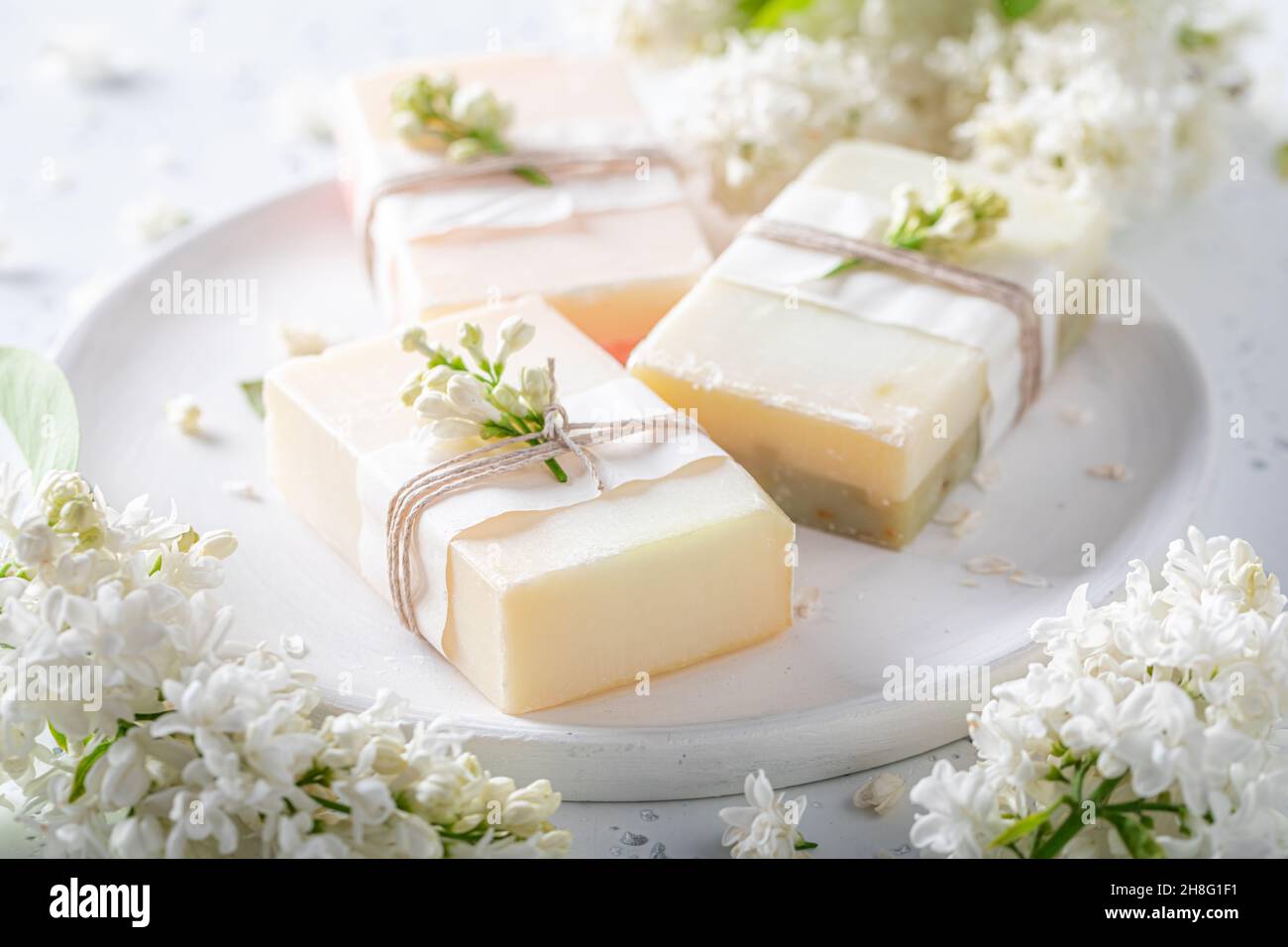 Ecological lilac soap made of flowers. White aromatic soap. Handmade ...